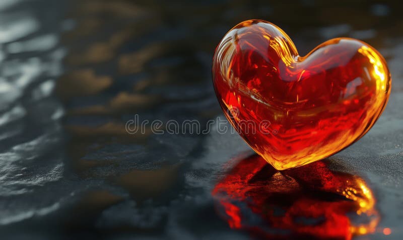 Glowing Amber Heart Sculpture Reflecting Light on Textured Surface ...