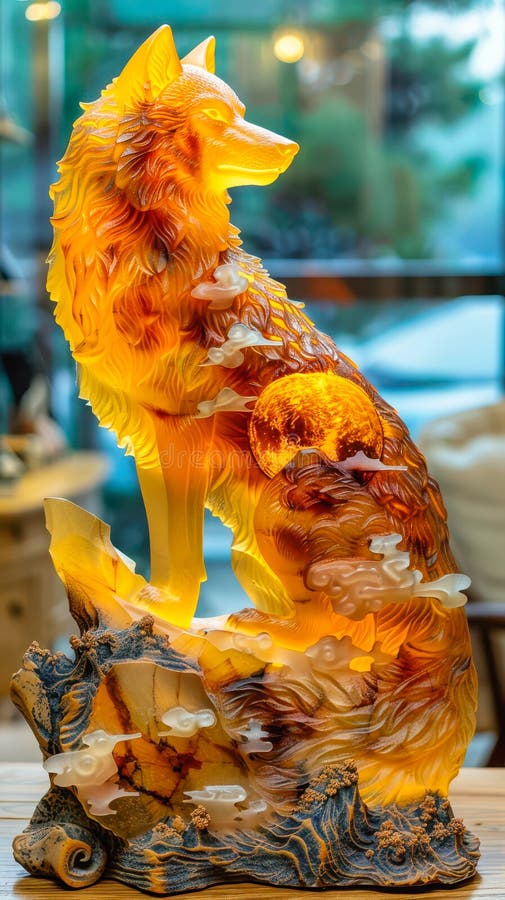 A Glowing Amber Wolf Sculpture Stands Tall Against a Blurred Background ...
