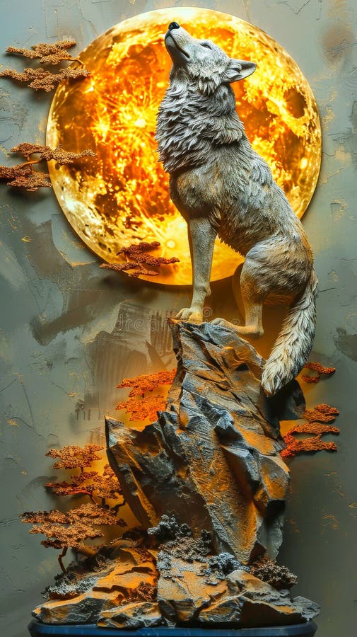 A Glowing Amber Wolf Sculpture Stands Tall Against a Blurred Background ...