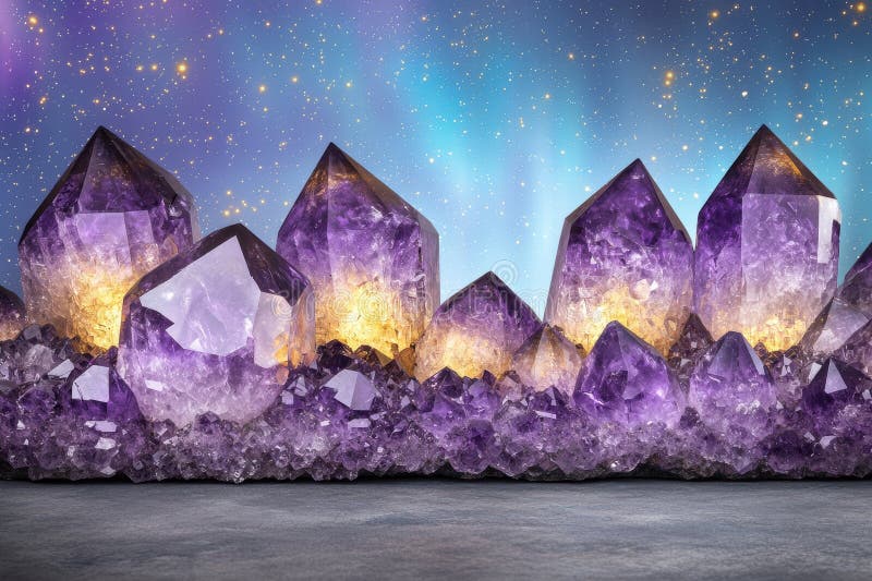 Glowing Amethyst Crystal Formations Against a Starry Night Sky Stock ...
