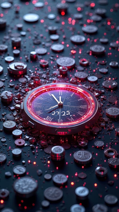 Glowing Analog Watch Surrounded by Coins and Red Light Effects Stock ...