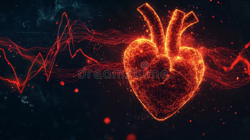 Glowing Anatomical Heart with Dynamic ECG Waveform, Vector Illustration ...