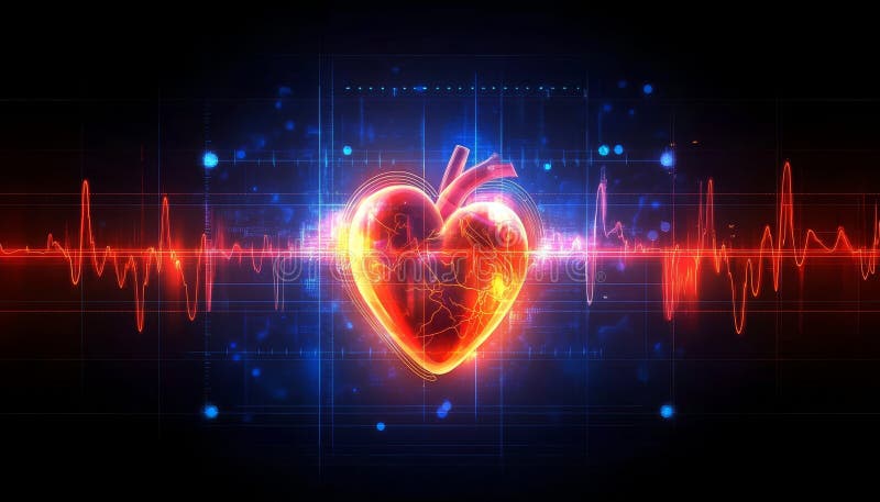 Glowing Anatomical Human Heart and Red Electrocardiogram Waveform on ...