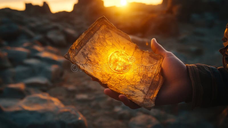 A Glowing Ancient Artifact Held in Hand Against a Sunset Backdrop. the ...