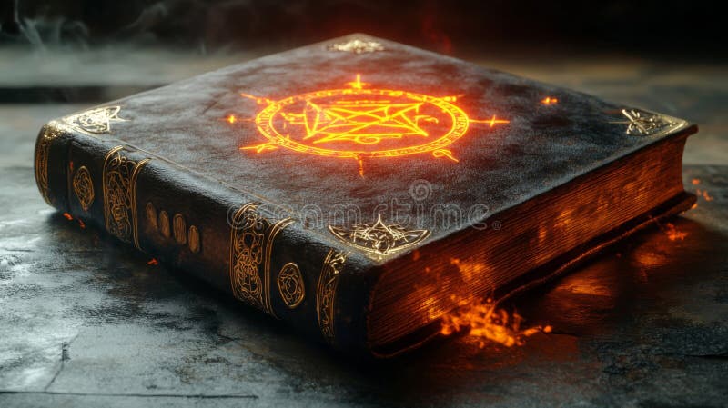 Glowing Ancient Grimoire with Occult Symbols on Dark Textured ...