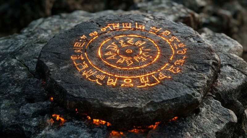 Glowing Ancient Stone Disc with Runes on Rocky Surface in Dark ...