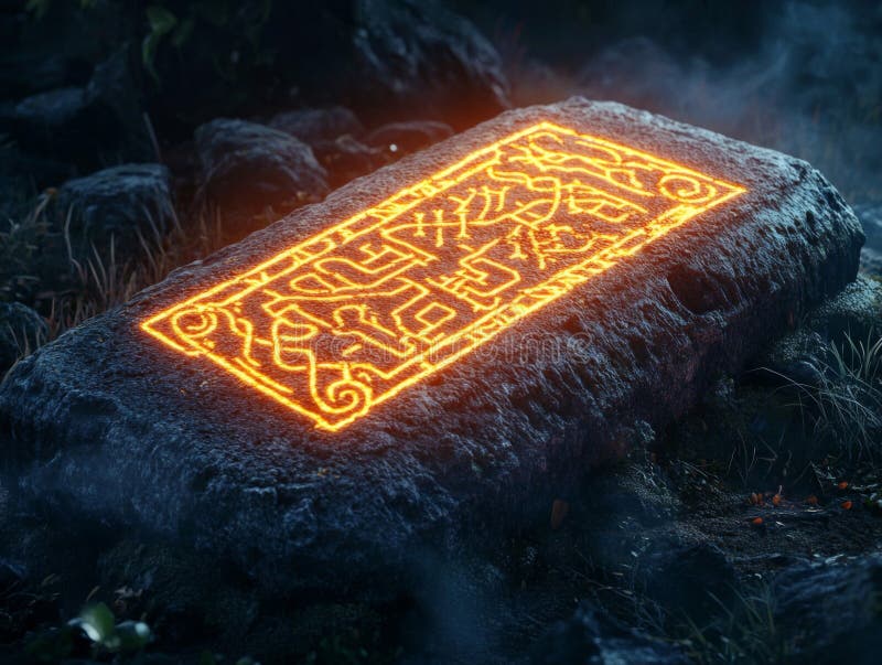 Glowing Ancient Stone Tablet with Intricate Carvings Stock Illustration ...