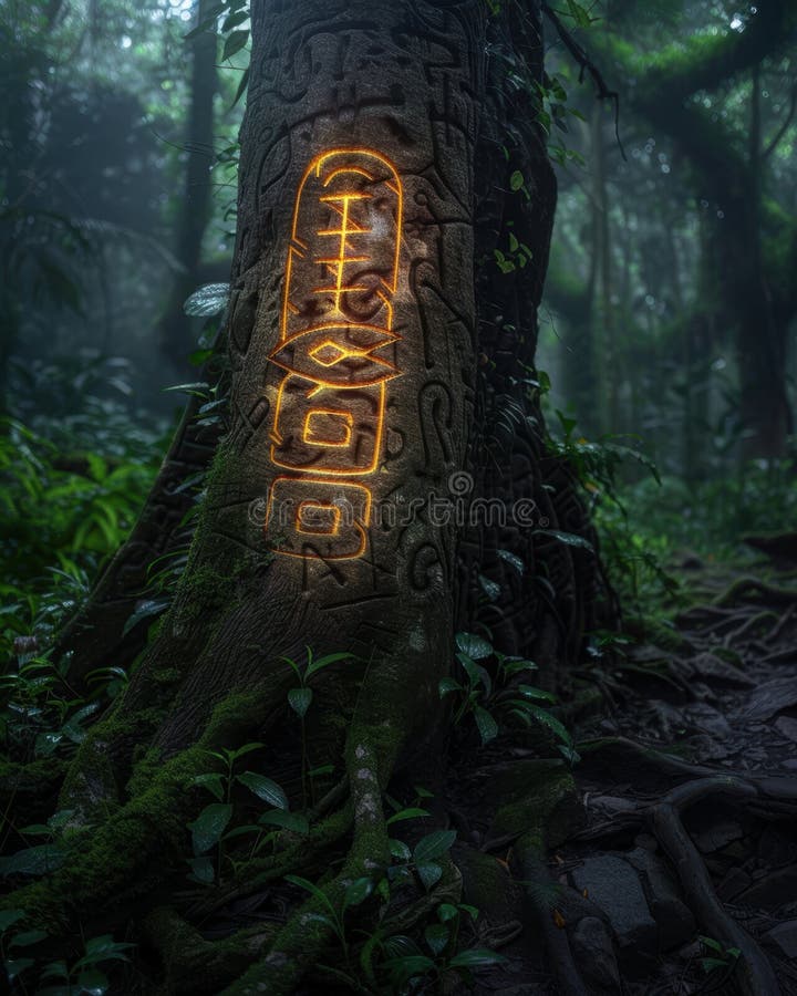 Glowing Ancient Symbols on Tree Trunk in Dark Forest Stock Illustration ...