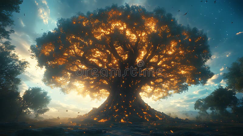Glowing Ancient Tree at Sunrise, Mystical Fantasy Forest Scene Stock ...