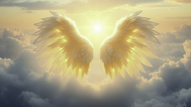 Glowing Angel Wings in a Celestial Cloudscape Stock Illustration ...