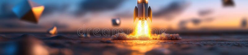 Glowing Angular Rocket Taking Off from a Neon-lit Launchpad with ...