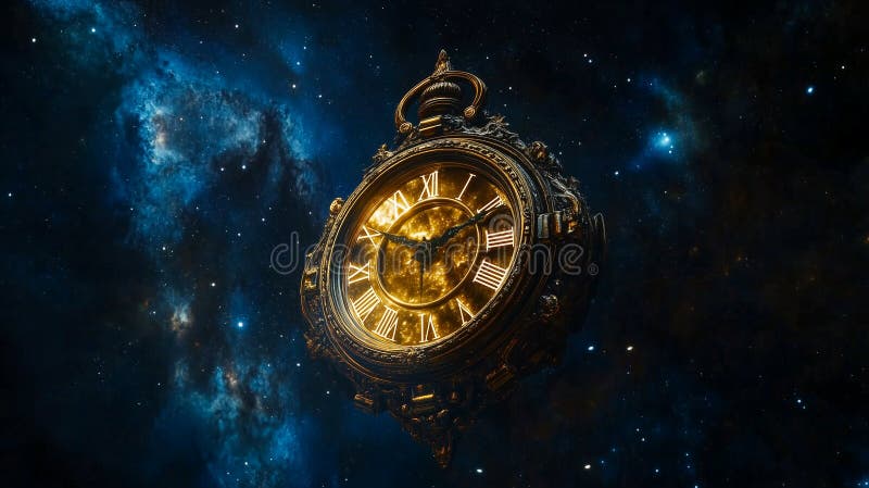 Glowing Antique Clock Floating in Deep Space with Cosmic Background ...