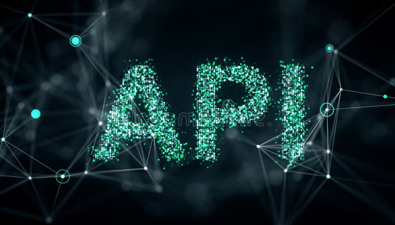Glowing "API" Text in Digital Particle Design on a Dark Networked ...