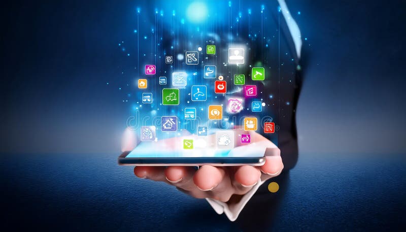 Glowing App Icons Float Around a Tablet, Evoking Digital Connectivity ...