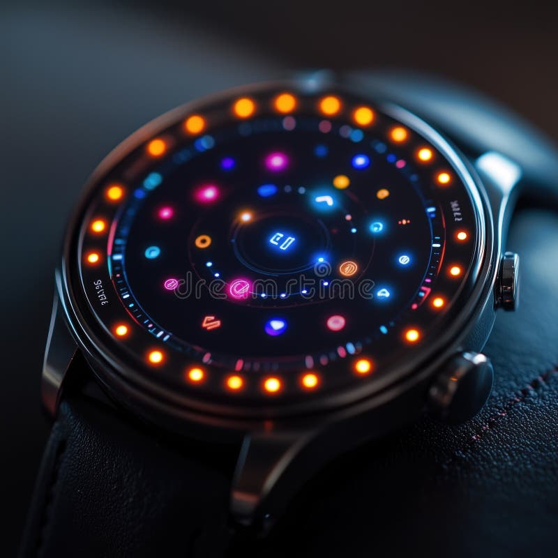 A Glowing App Interface on a Smartwatch Displaying Vibrant, Futuristic ...
