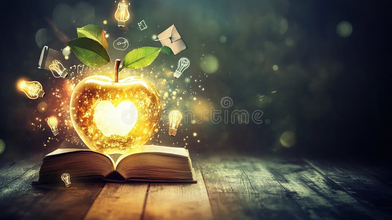 Glowing Apple on Open Book, Knowledge Concept Stock Image - Image of ...