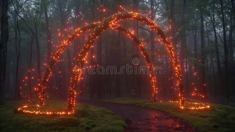 Glowing Arch of Lights in Mysterious Forest at Dusk Stock Illustration ...