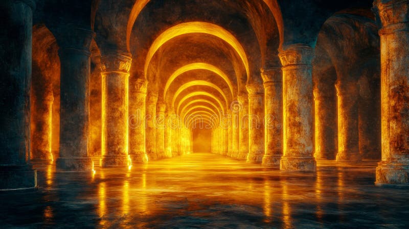 Glowing Archway Hall with Stone Columns and Fire Light Reflections ...