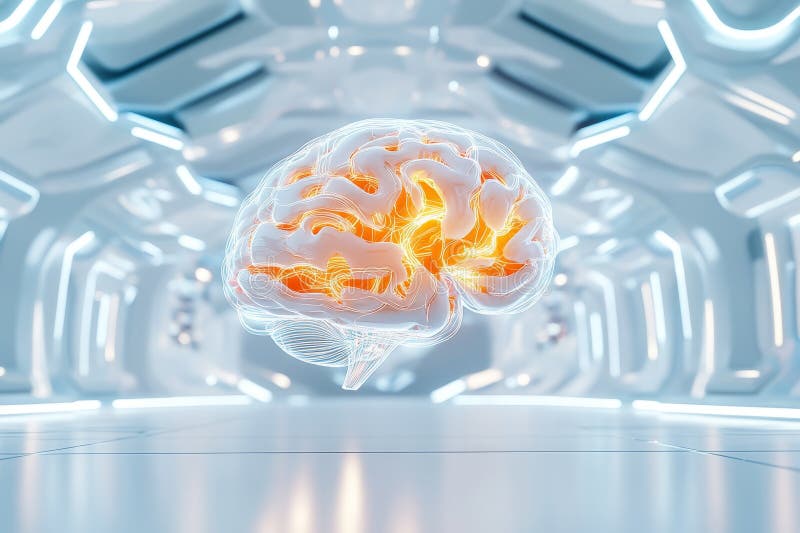 A Glowing Artificial Brain Floating in a Futuristic, High-tech ...