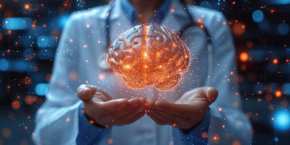 Glowing Artificial Intelligence Brain in the Hands of a Female Engineer ...