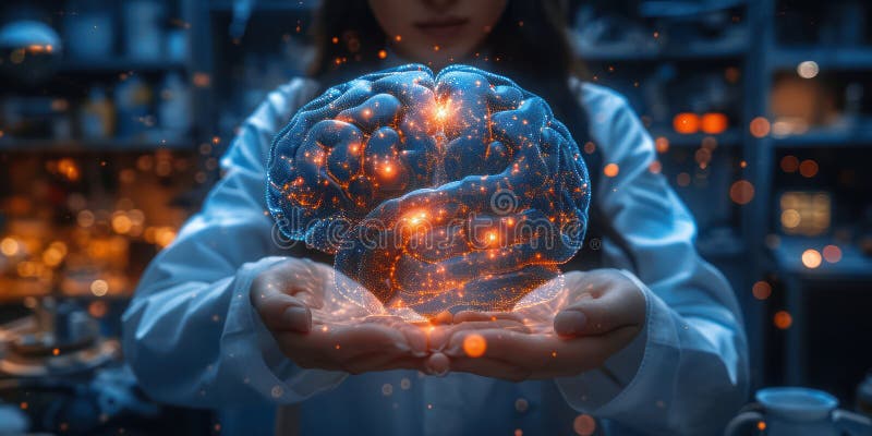 Glowing Artificial Intelligence Brain in the Hands of a Female Engineer ...