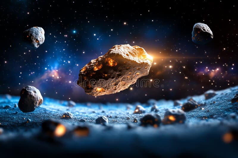A Glowing Asteroid Floats in a Field of Space Debris, Against a ...