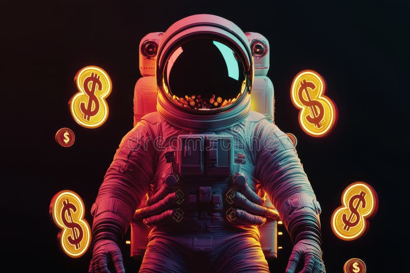 A Glowing Astronaut Surrounded by Neon Colored Dollar Signs and Coins ... A Glowing Astronaut Surrounded by Neon Colored Dollar Signs and Coins ...
