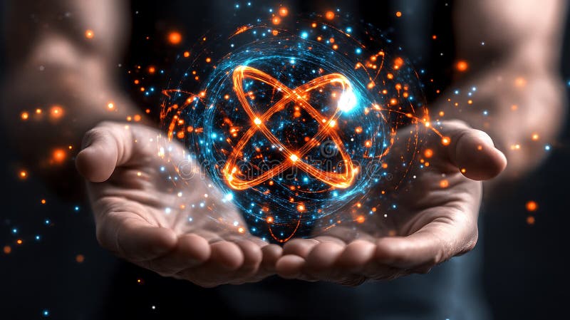 A Glowing Atom is Held between Two Outstretched Human Hands Stock ...