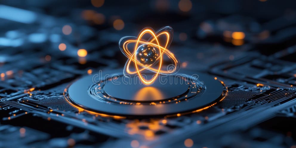 Glowing Atom Model on Circuit Board, Symbolizing Quantum Technology ...