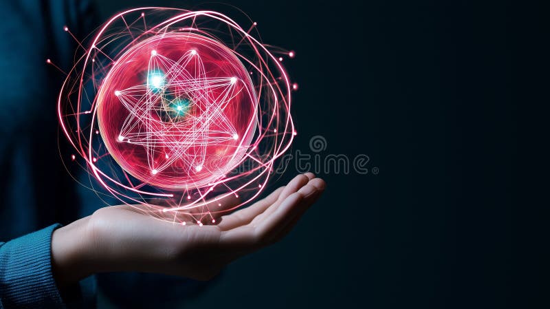 Glowing Atom Model in Human Hand with Dark Background Stock ...