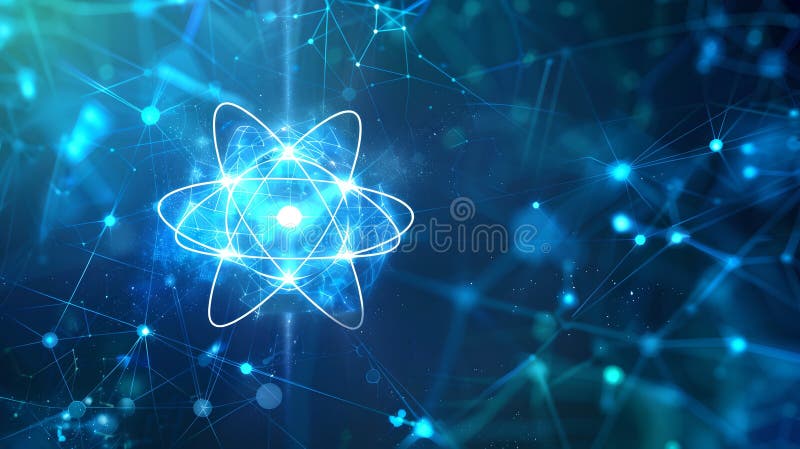 Glowing Atom Model in a Network of Light, Abstract Science Concept ...