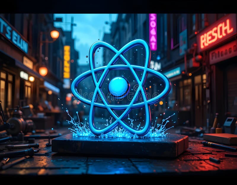 Glowing Atom Model on Stone Platform in a Cityscape Setting Stock Photo ...