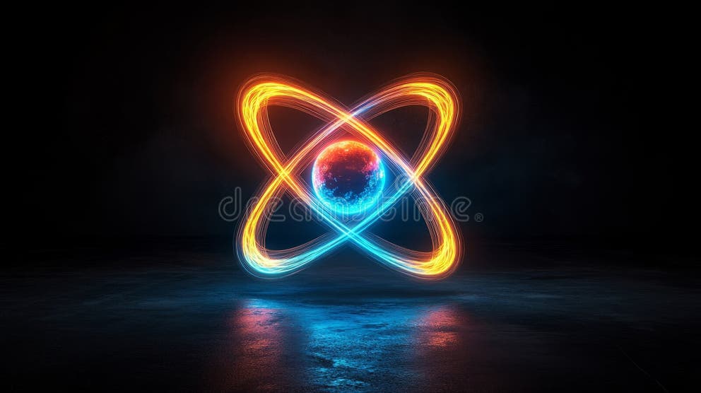 Glowing Atom Representation with Blue and Orange Orbits. Stock Photo ...