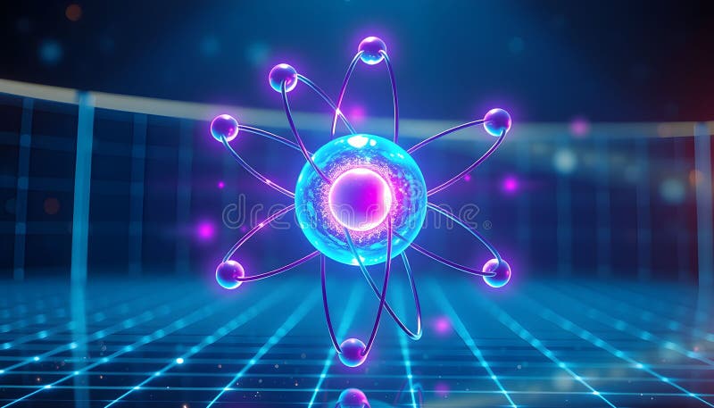 Glowing Atom Structure on Futuristic Grid Background Stock Illustration ...