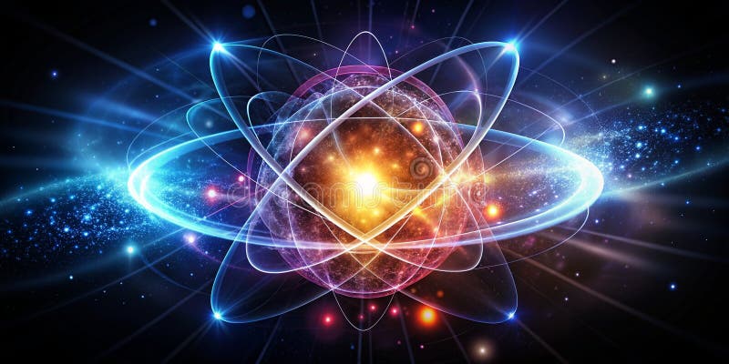 Glowing Atom Surrounded by Swirling Energy Particles in Cosmic Theme ...