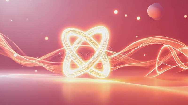 Glowing Atom Symbol Rotating with Light Trails on Pink Background Stock ...