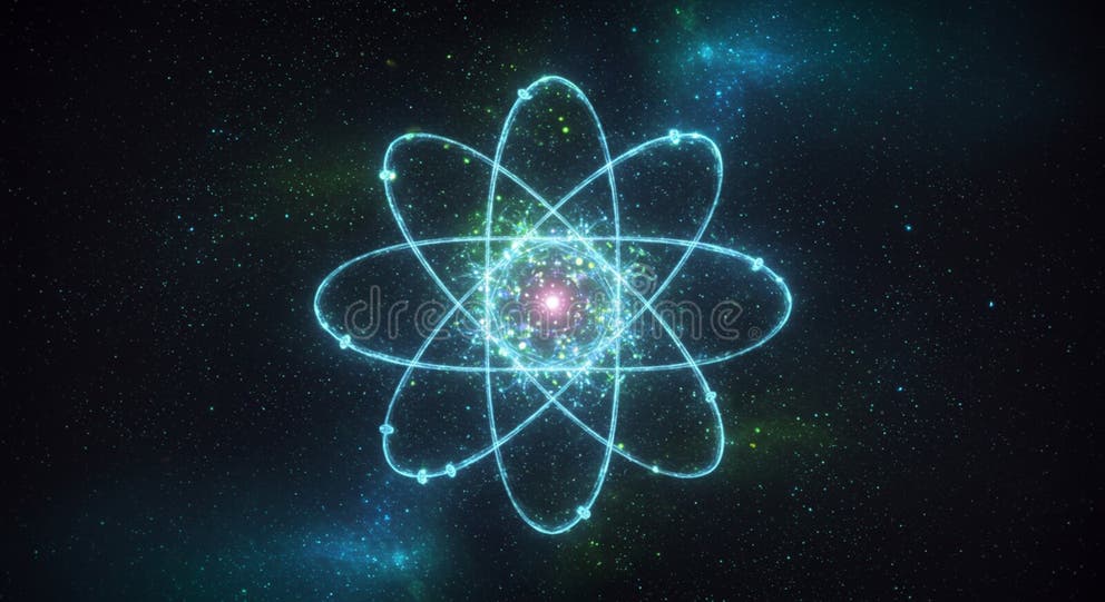 A Glowing Atomic Model with Orbiting Electron Paths is Depicted Against ...