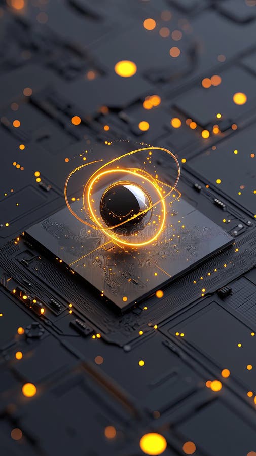 Glowing Atomic Quantum Sign on Black Circuit Board with Orange Sparks ...