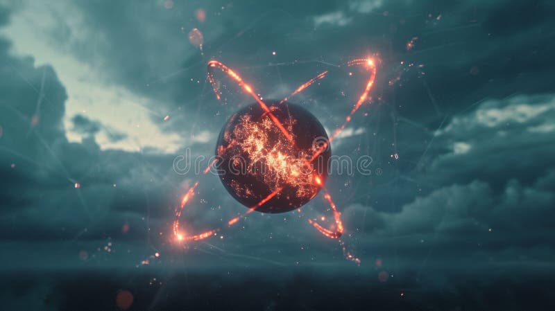 A Glowing Atomic Sphere Floating Amidst Dark Clouds. Stock Illustration ...
