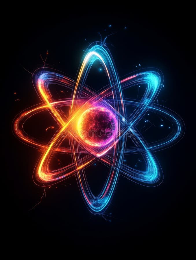 Glowing Atomic Structure with Colorful Orbits Stock Photo - Image of ...