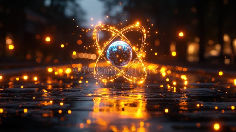 Glowing Atomic Structure with Planet Earth Core on Wet Street at Night ...
