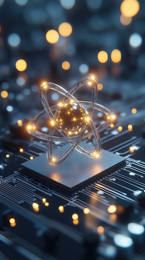 Glowing Atomic Symbol on Circuit Board, Representing Quantum Technology ...