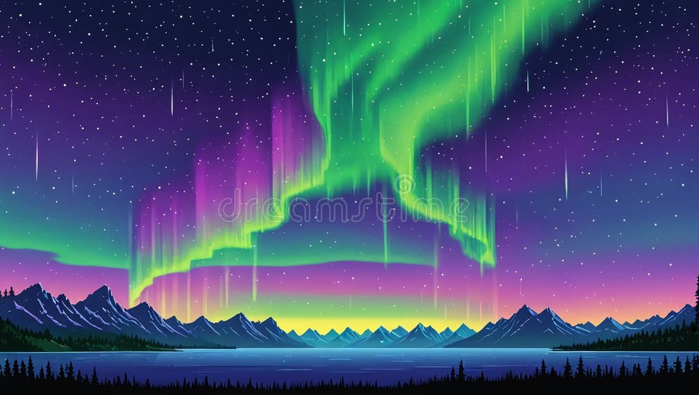 Glowing Aurora Borealis in Pixel Art Style Stock Illustration ...