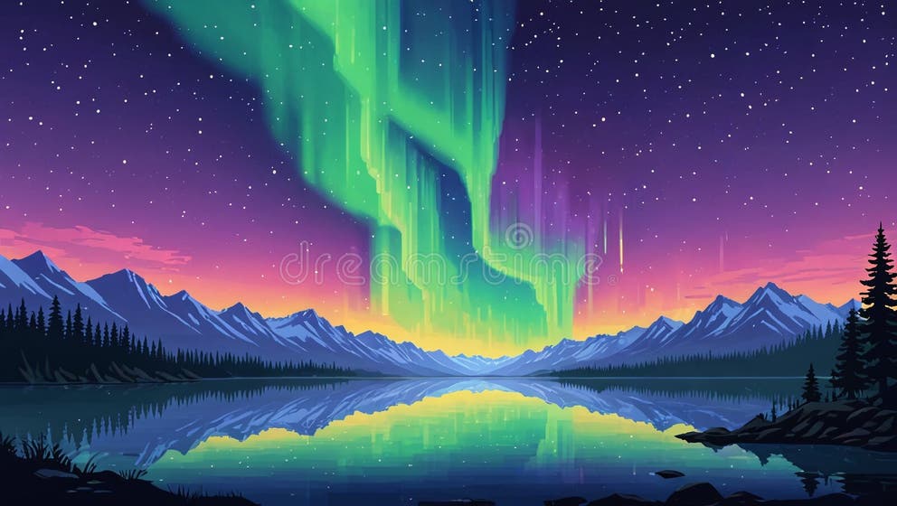 Glowing Aurora Borealis in Pixel Art Style Stock Illustration ...