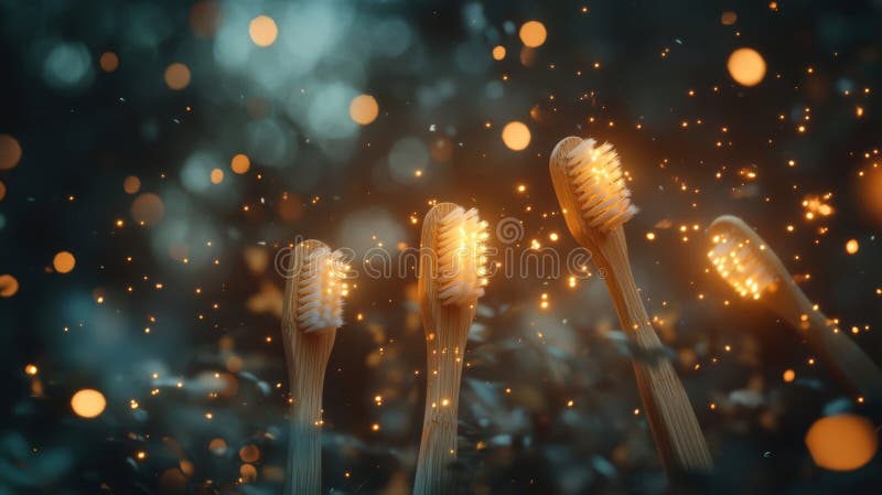 Glowing Bamboo Toothbrushes in Dark Magical Setting Stock Illustration ...