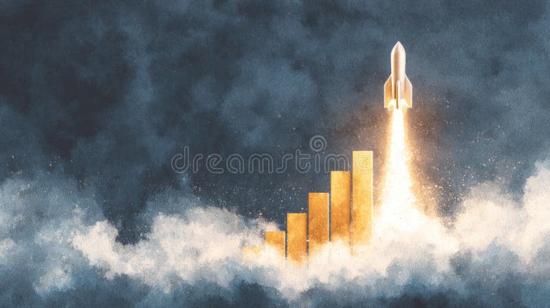 Glowing Bar Chart with One Bar Shooting Upward Like Rocket, Symbol of ...