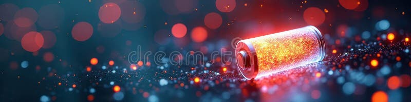 Glowing Battery on Sparkling Surface with Red and Blue Bokeh Lights ...
