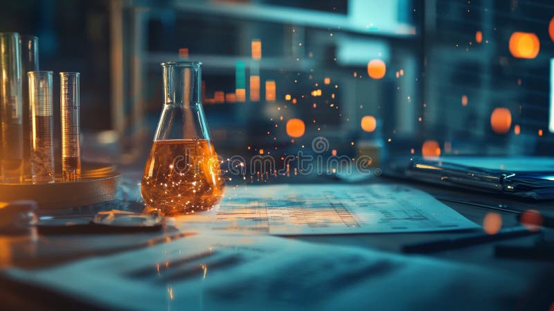 Glowing Beaker in a Modern Lab with Orange Particles Stock Photo ...