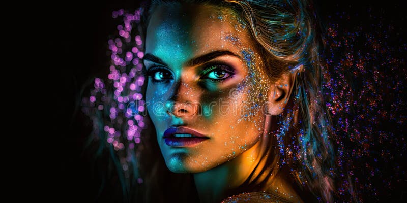 Glowing Beautiful Face with Glittering Make Up on Girl in Hyper ...