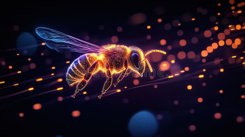 Glowing Bee in Dark Environment with Vibrant Particles Surrounding it ...